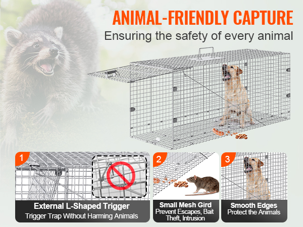 VEVOR Live Animal Cage Trap, 42" x 16" x 18" Humane Cat Trap Galvanized ...