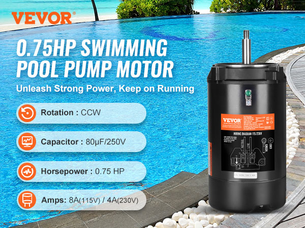 VEVOR 0.75 HP Pool Pump Motor, 56J Frame, 115V(8 Amps)/230V(4 Amps ...