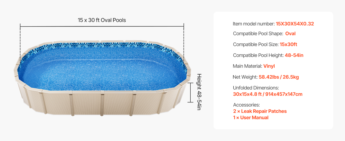 VEVOR Oval Pool Liner 15x30ft Overlap Style Pool Liner 54in Wall Height ...