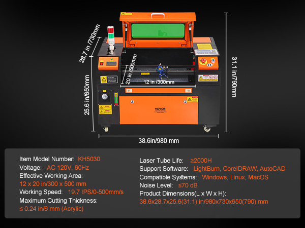 VEVOR 50W CO2 Laser Engraver, 12 x 20 in, 19.7 IPS Laser Cutter Machine ...