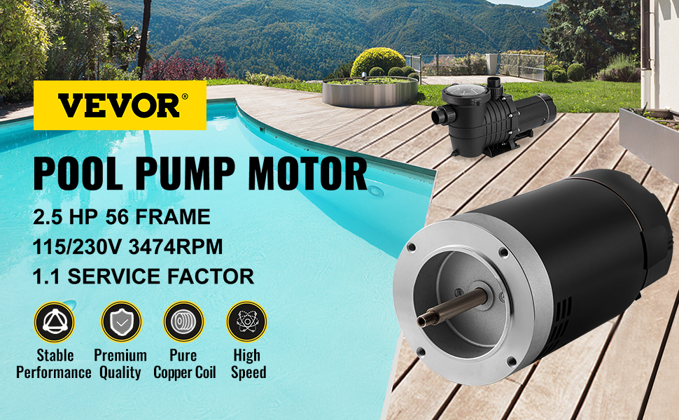 VEVOR Pool Motor,2.5HP, 3474 RPM, 1 Speed, 230/115 Volts, 11.88/23.75 ...