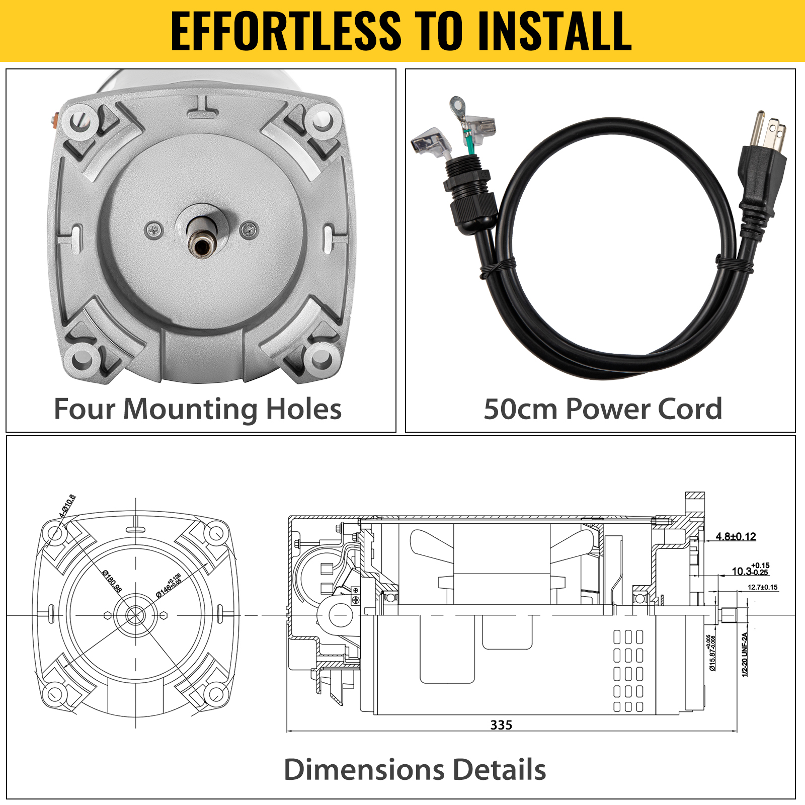 VEVOR Pool Motor,1 HP, 3450 RPM, 230/115 Volts, 6.4/12.66 Amps, 1 Speed ...