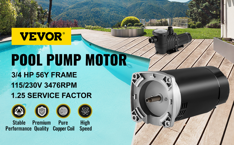 VEVOR Pool Motor,3/4 HP, 3476 RPM, 1 Speed, 230/115 Volts, 5.63/11.25 ...