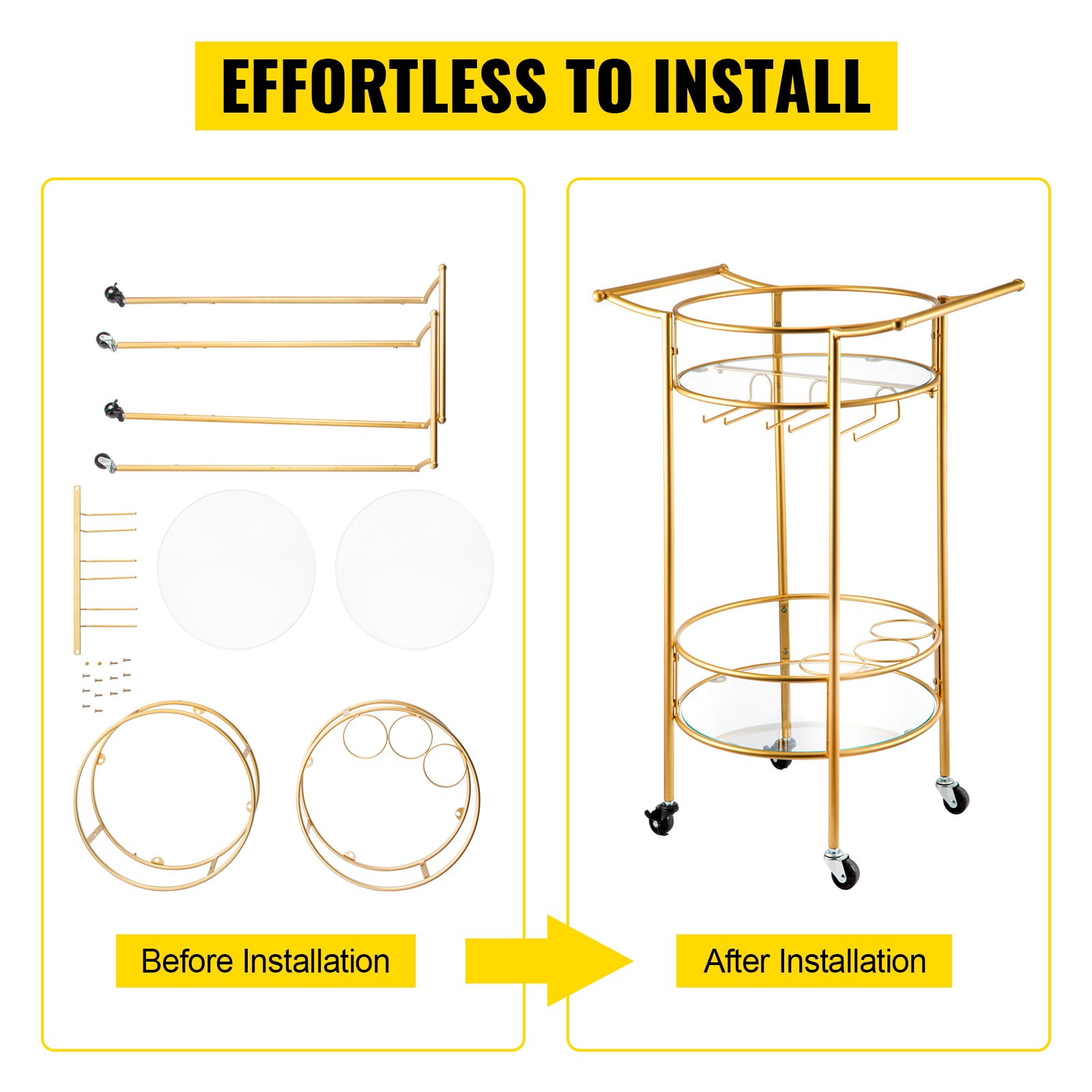 VEVOR Bar Cart, Two Tier Serving Cart, Gold Finish Wine Cart, Rolling ...
