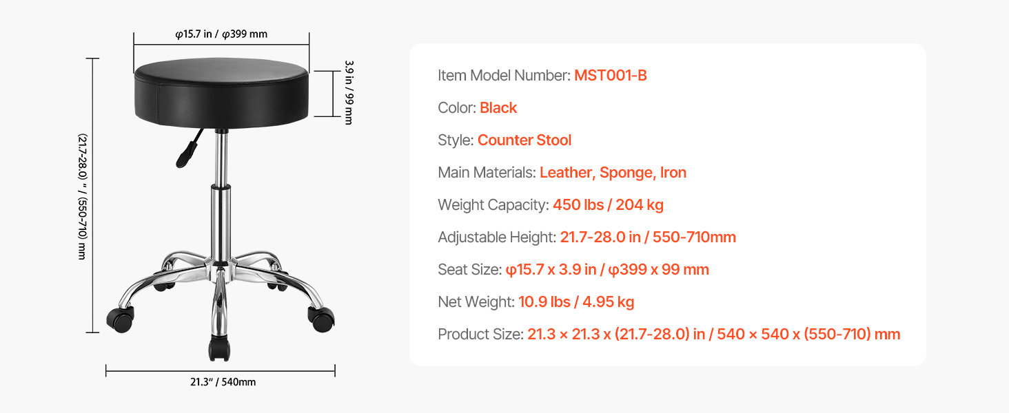 Round Rolling Stool Swivel Work Stool with Wheels Height Adjustable ...