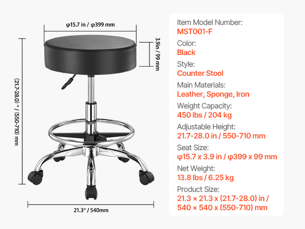 Round Rolling Stool Swivel Stool with Wheels & Footrest Height ...