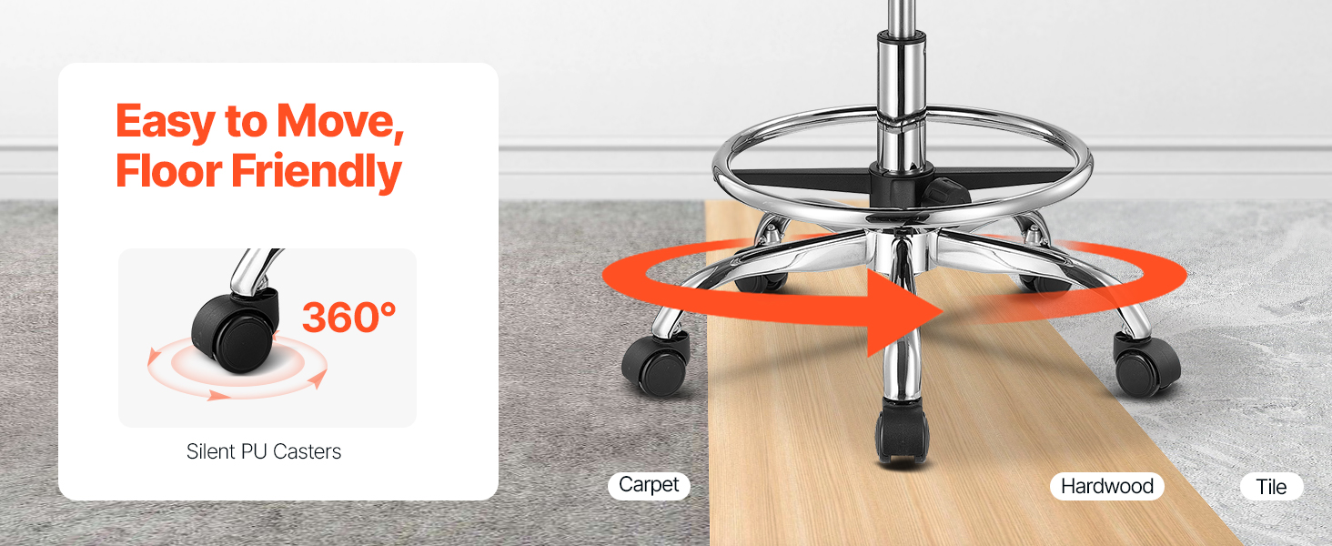 VEVOR Round Rolling Stool Swivel Stool with Wheels & Footrest Height ...