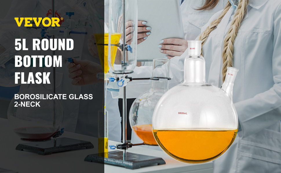 Vevor Round Bottom Flask Receiving Flask 5l, Reaction Flask 2 Neck ...
