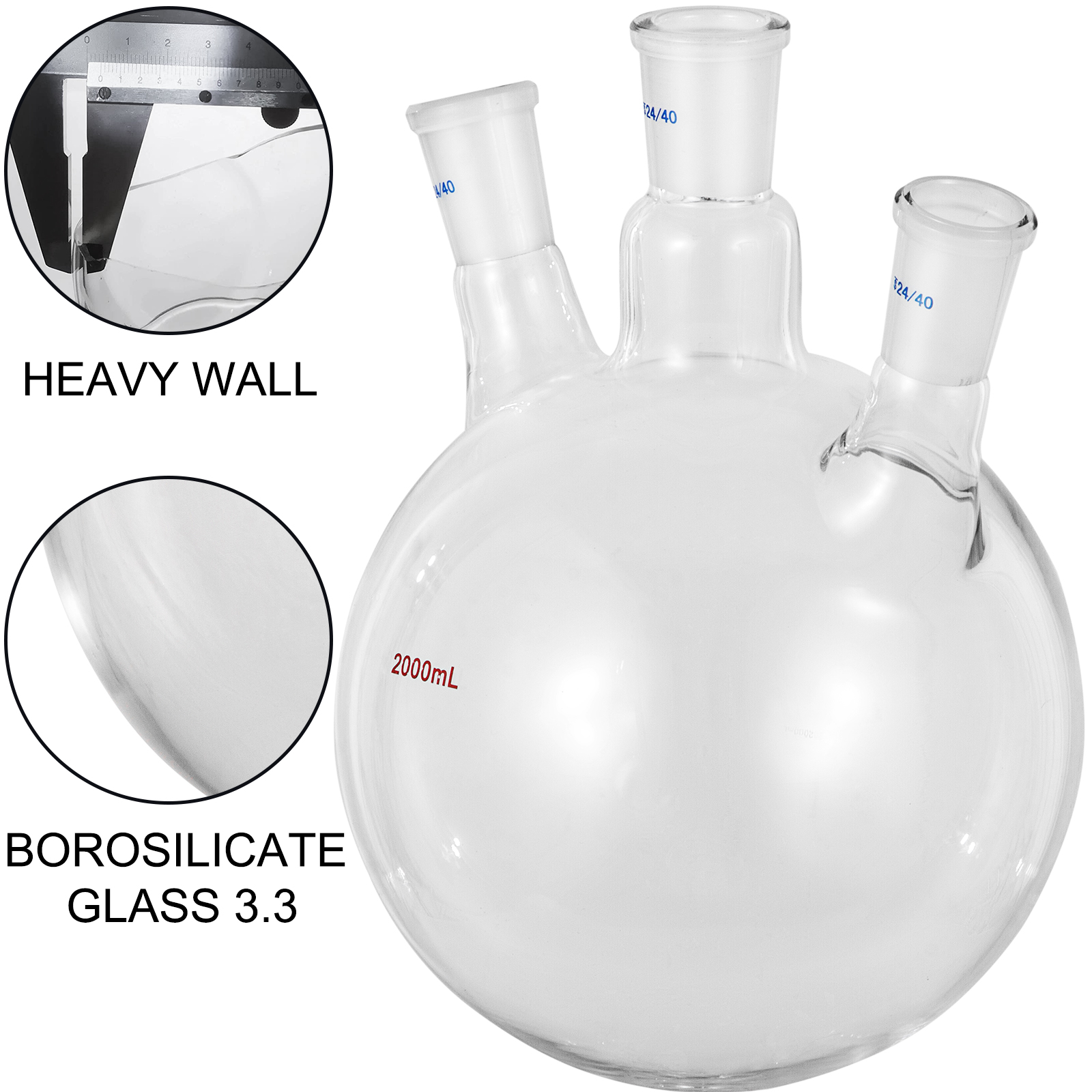 VEVOR Round Bottom Flask Receiving Flask 2L, Reaction Flask 3 Neck Boiling Flask | VEVOR AU