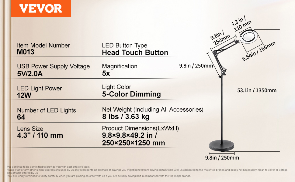 VEVOR 5X Floor Magnifying Glass with Light and Stand LED 5 Color Modes ...