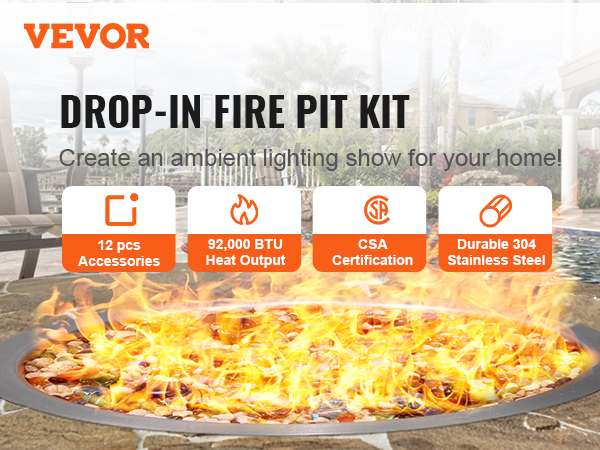 VEVOR Round Drop-in Fire Pit Pan 12 inch, Stainless Steel Fire Pit ...