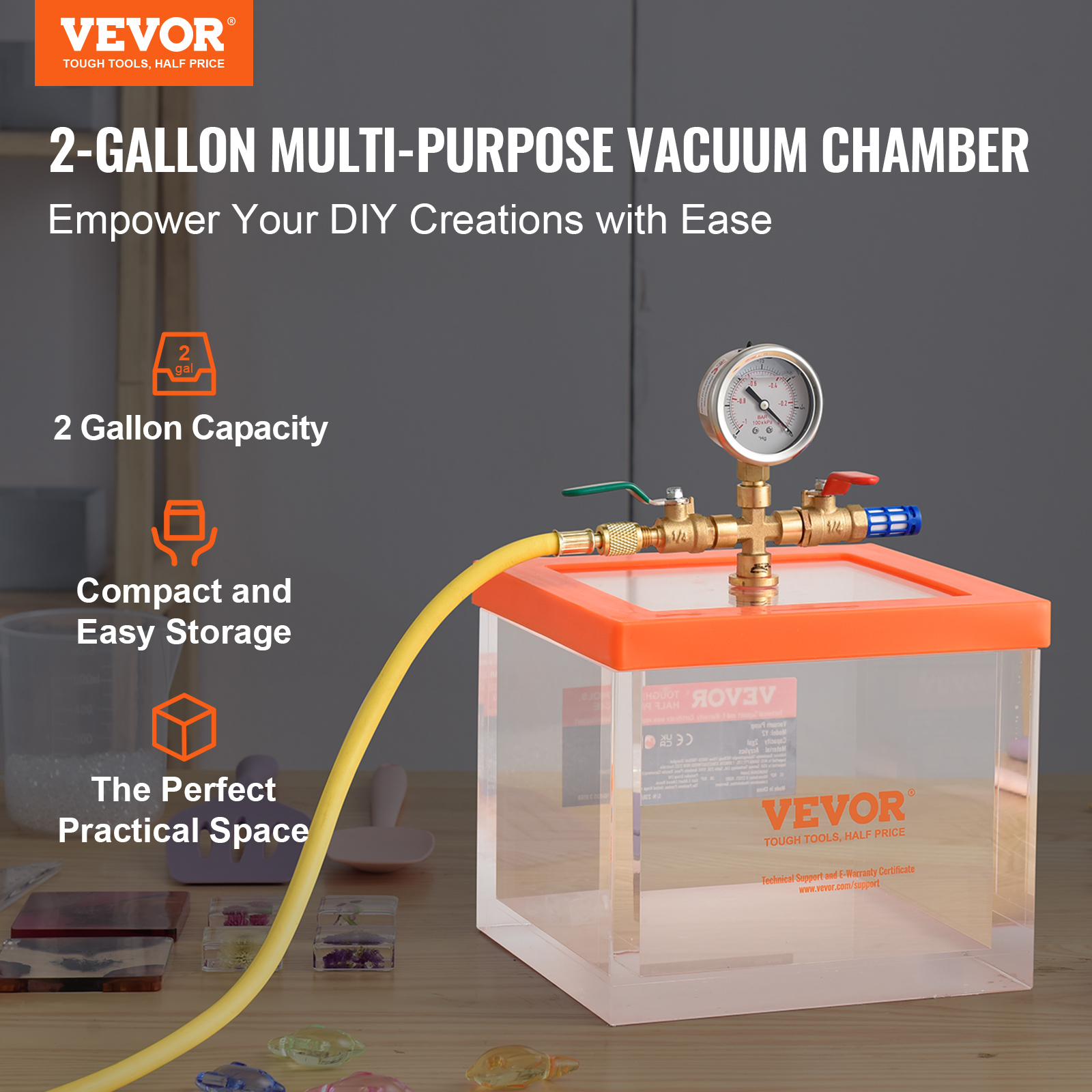 VEVOR Vacuum Chamber Acrylic Vacuum Degassing Chamber 2 Gal Degassing ...