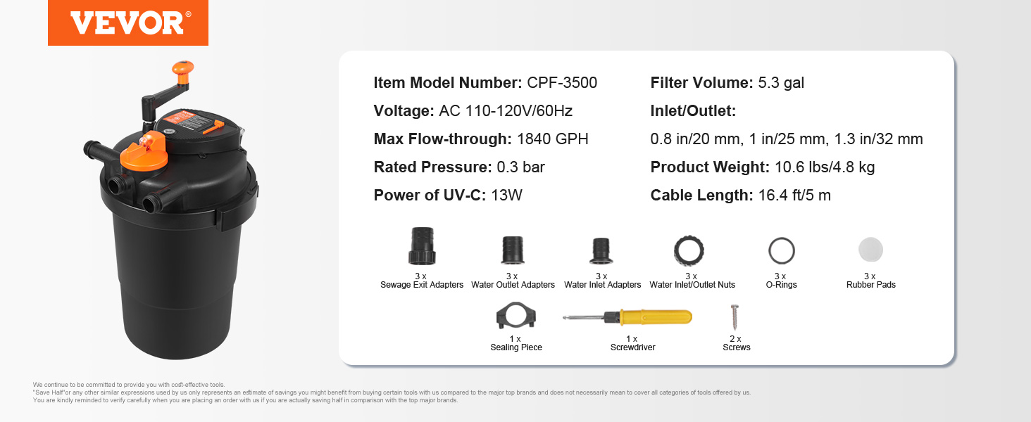 VEVOR Bio Pressure Pond Filter, Up to 2000 Gallons, with 13W UV-C Light ...