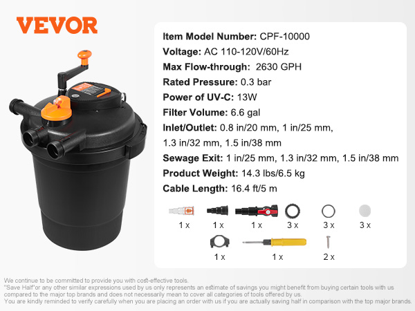 VEVOR Bio Pressure Pond Filter, Up to 3200 Gallons, with 13W UV-C Light ...
