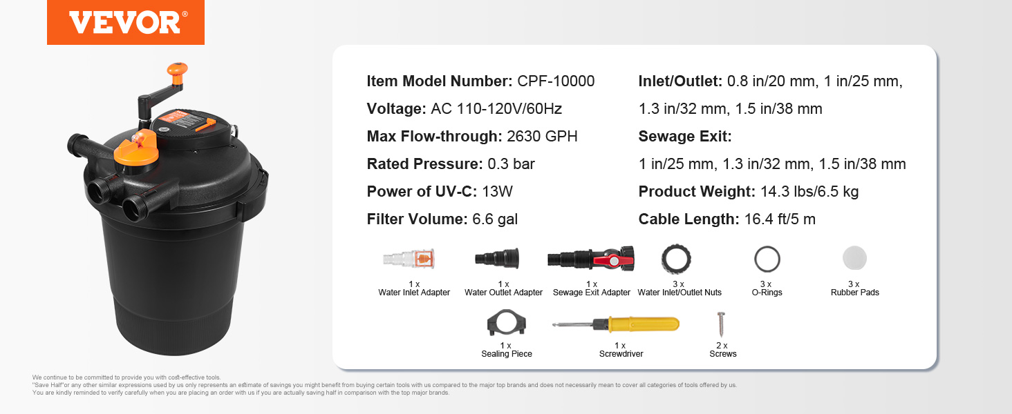 VEVOR Bio Pressure Pond Filter, Up to 3200 Gallons, with 13W UV-C Light ...