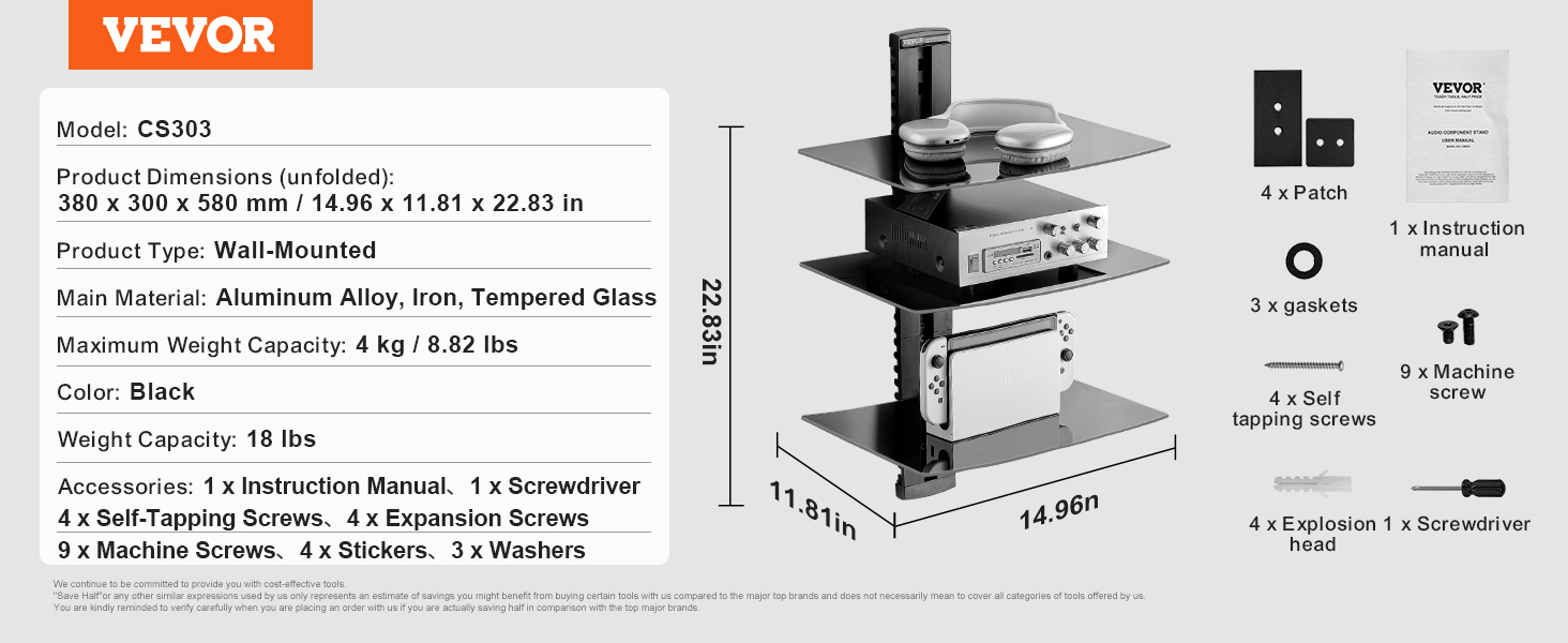 VEVOR 3 Tiers Wall Mounted AV Media Stand Adjustable Floating Projector ...