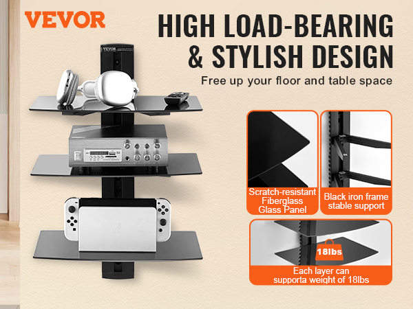 VEVOR 3 Tiers Wall Mounted AV Media Stand Adjustable Floating Projector ...