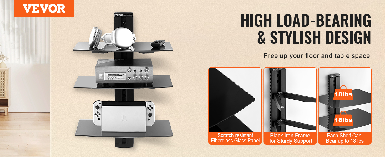 VEVOR 3 Tiers Wall Mounted AV Media Stand Adjustable Floating Projector ...