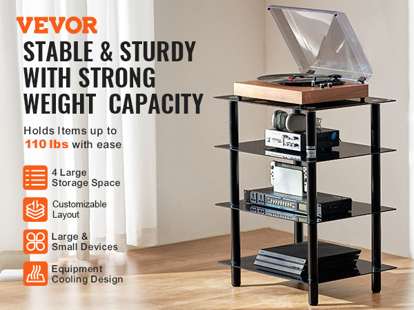VEVOR 4-Tier AV Media Stand Strengthened Tempered Glass Audio/Video ...