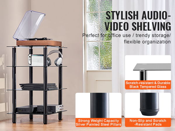 VEVOR 4-Tier AV Media Stand Strengthened Tempered Glass Audio/Video ...
