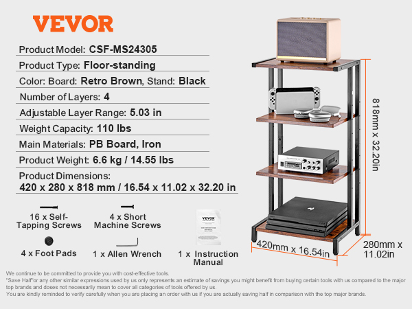 VEVOR 4-Tier AV Media Stand Height-Adjustable Wooden Audio-Video Media ...