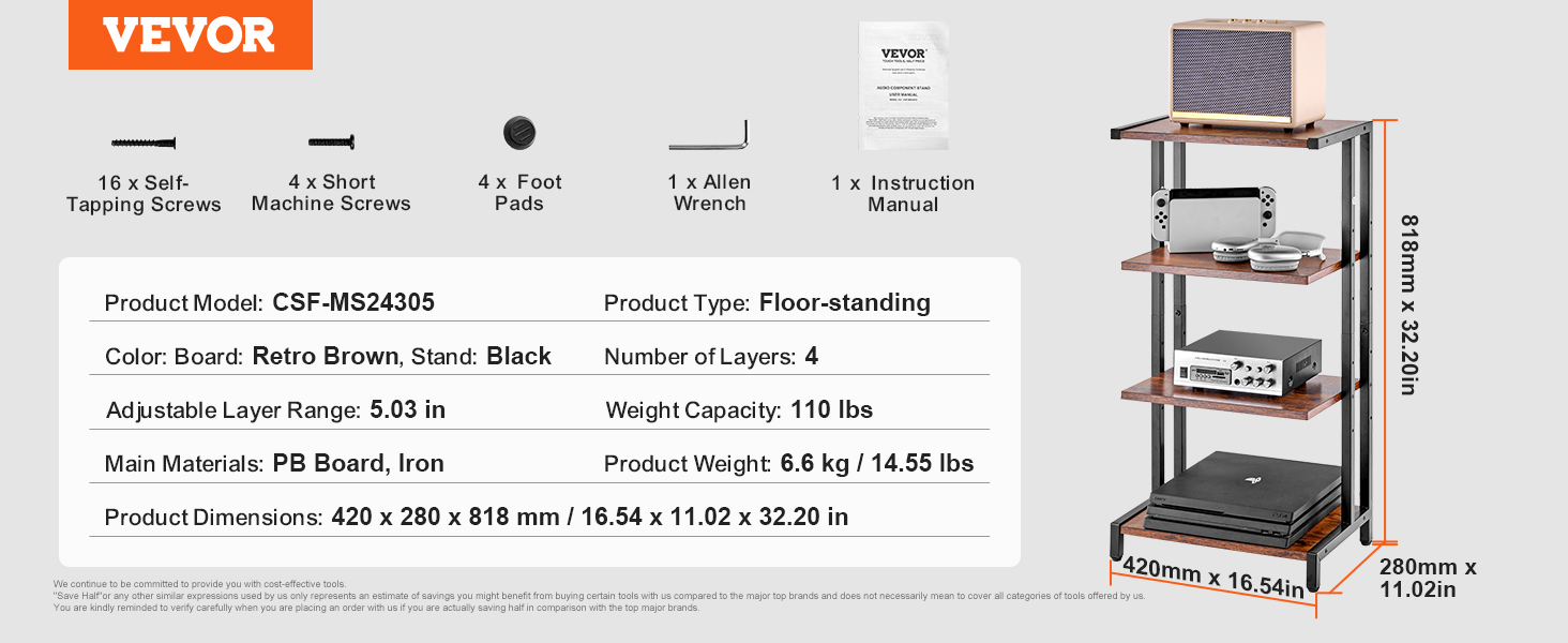 VEVOR 4-Tier AV Media Stand Height-Adjustable Wooden Audio-Video Media ...