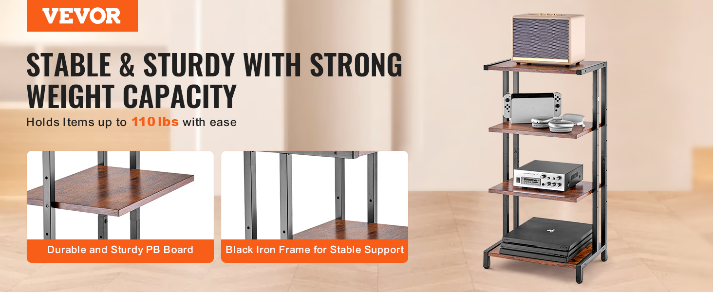 VEVOR 4-Tier AV Media Stand Height-Adjustable Wooden Audio-Video Media ...