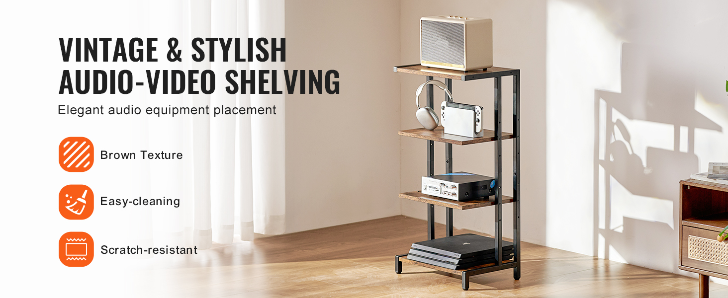 VEVOR 4-Tier AV Media Stand Height-Adjustable Wooden Audio-Video Media ...