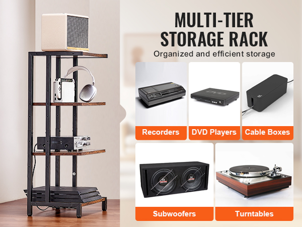 VEVOR 4-Tier AV Media Stand Height-Adjustable Wooden Audio-Video Media ...