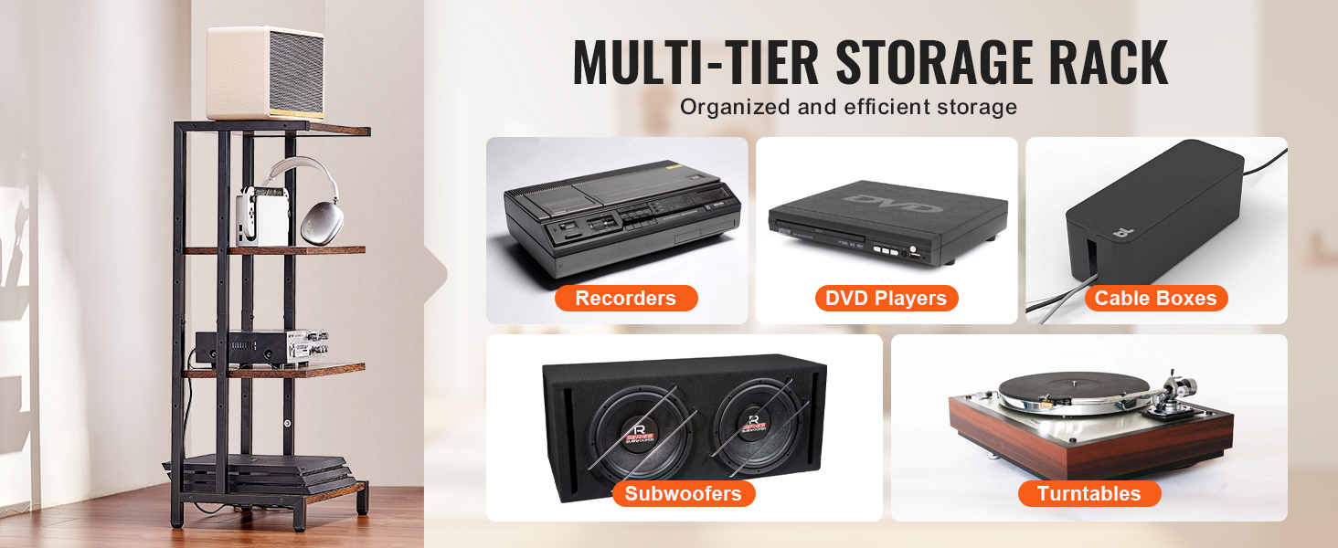 VEVOR 4-Tier AV Media Stand Height-Adjustable Wooden Audio-Video Media ...