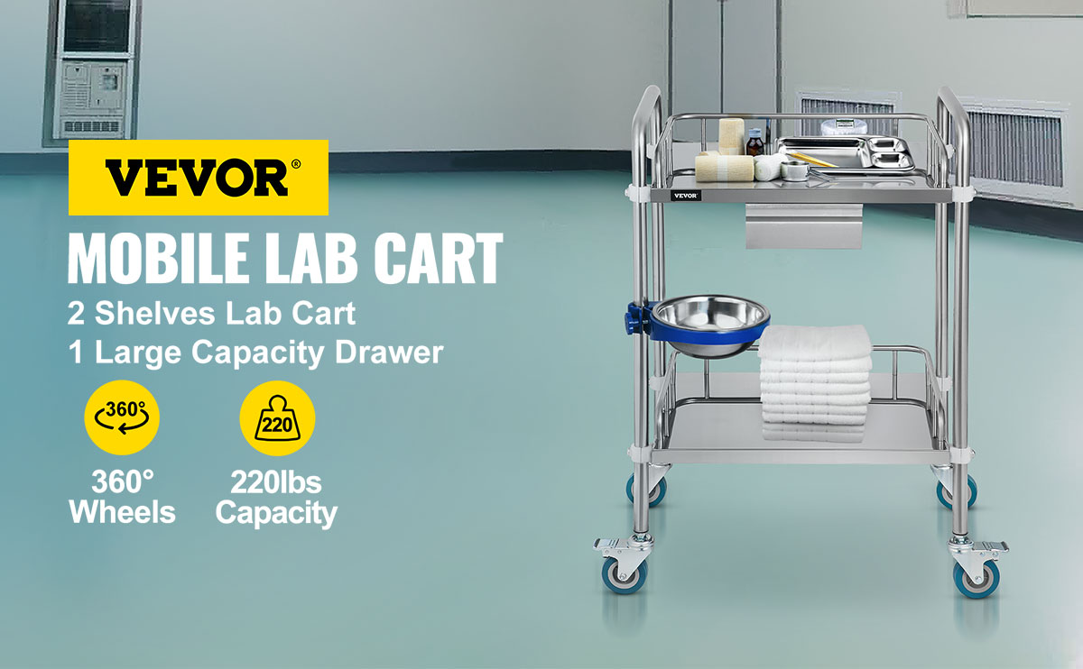 VEVOR Lab Cart 2 Layers Dental Cart with 1 Drawer Stainless Steel Cart ...