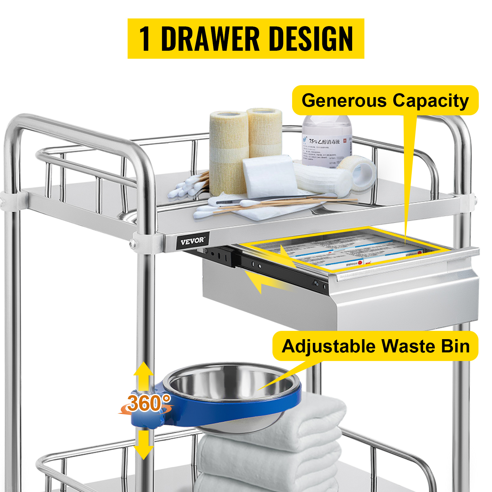 VEVOR Lab Cart 2 Layers Dental Cart with 1 Drawer Stainless Steel Cart ...