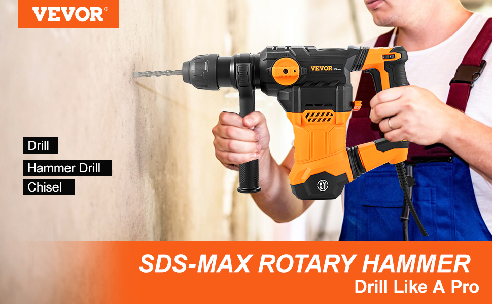VEVOR 1-1/4 Inch SDS-Plus Rotary Hammer Drill, Corded Drills Heavy Duty ...