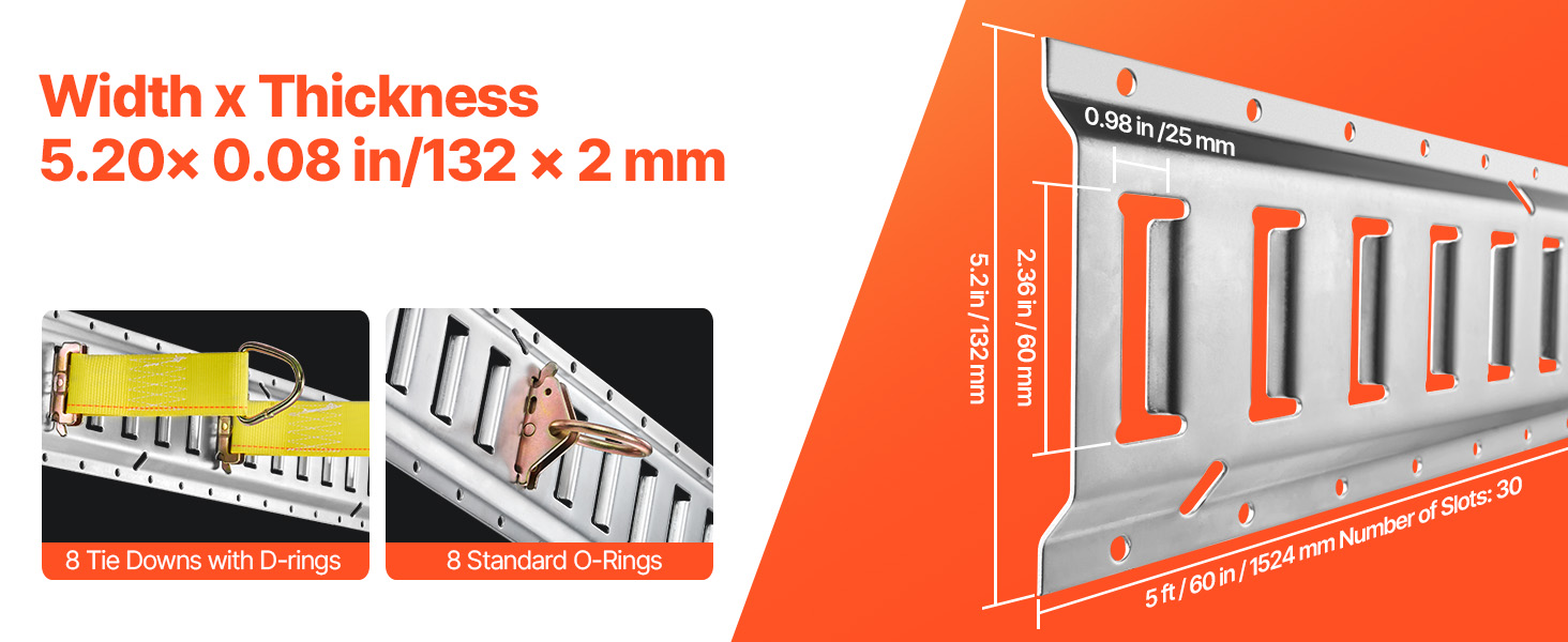 VEVOR E Track Tie-Down Rail Kit, 24PCS 5' E-Tracks Set Includes 8 Steel ...