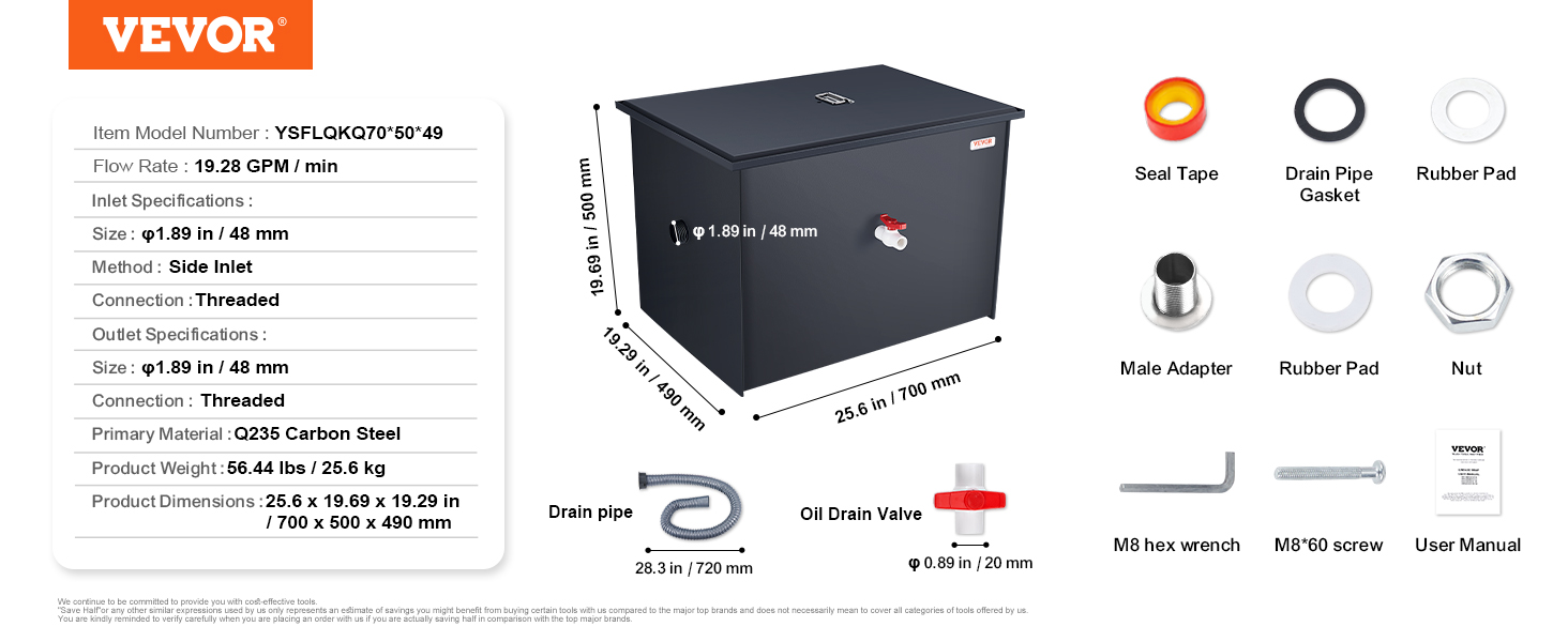 VEVOR Commercial Grease Trap, 50 LBS Grease Interceptor, Side Inlet ...