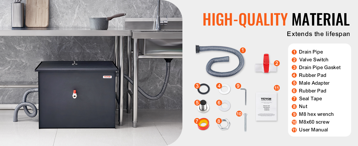 VEVOR 30LBS Commercial Grease Interceptor Trap Carbon Steel Waste Water ...