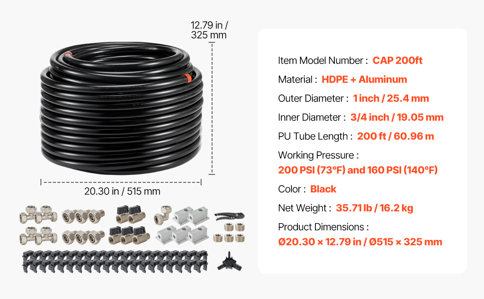 VEVOR Air Compressor Line Kit 3/4'' x 200FT PU Air Compressor Line ...