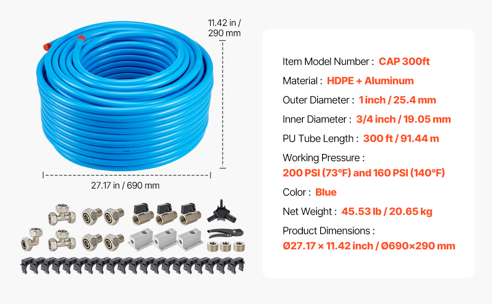 VEVOR Air Compressor Line Kit 3/4'' x 300FT HDPE/Aluminum Air Piping ...