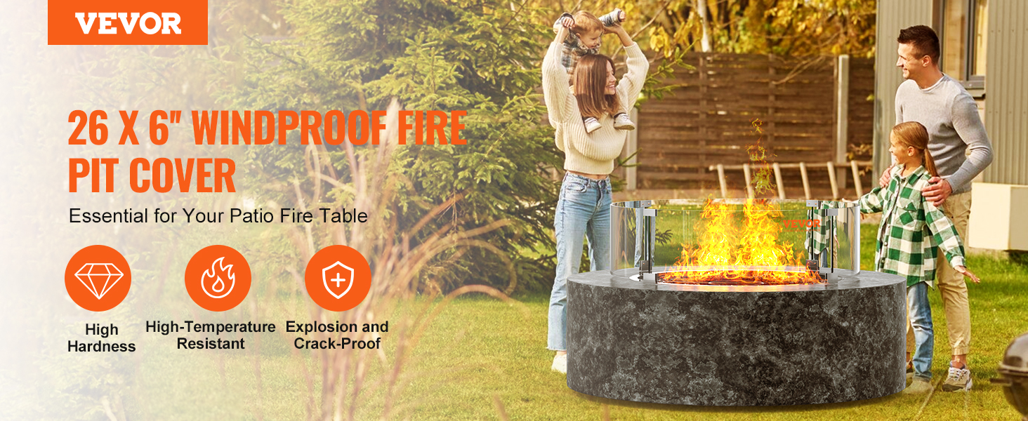 VEVOR Fire Pit Wind Guard, 26 x 26 x 6 Inch Glass Flame Guard, Round ...