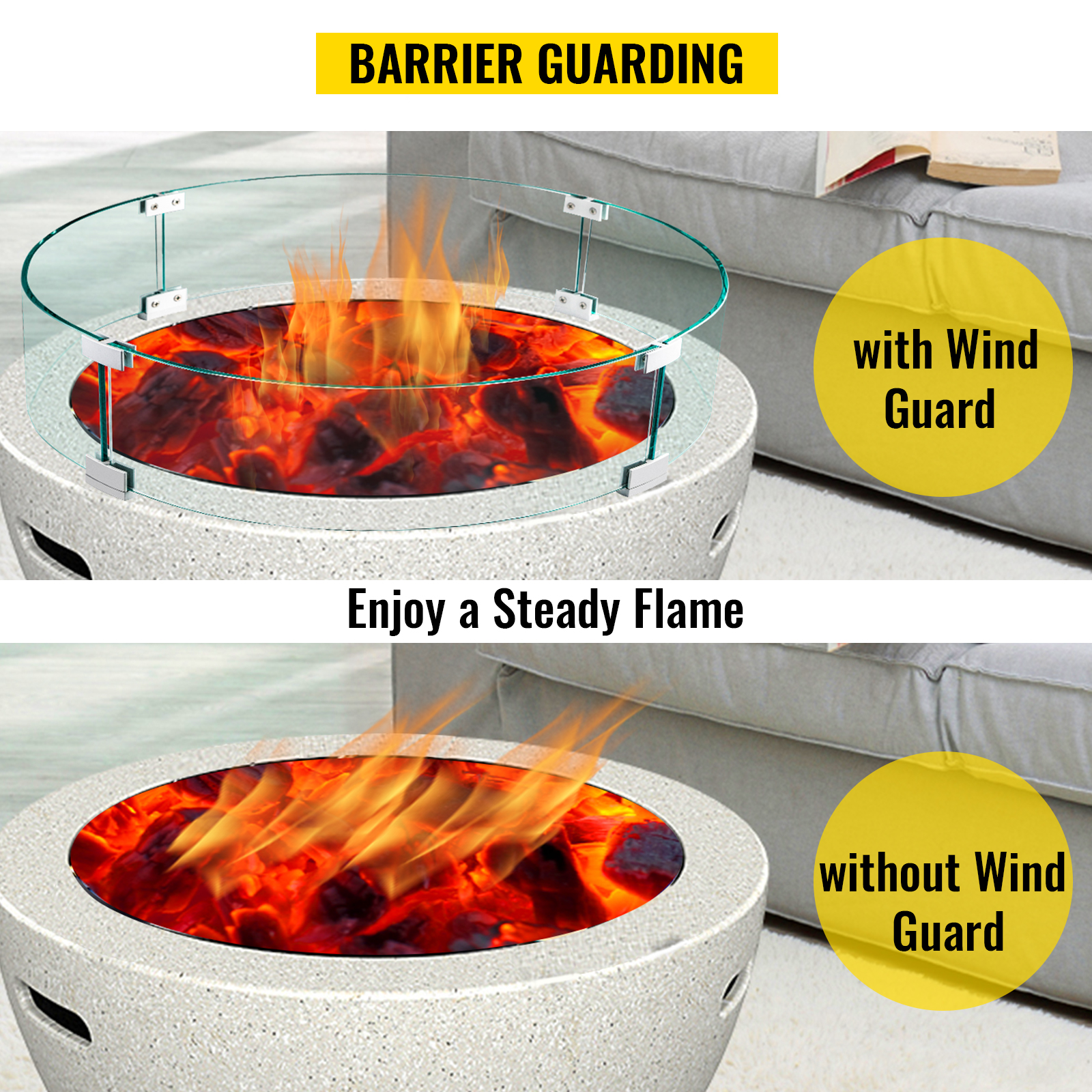 VEVOR Fire Pit Wind Guard, 26 x 26 x 6 Inch Glass Flame Guard, Round ...
