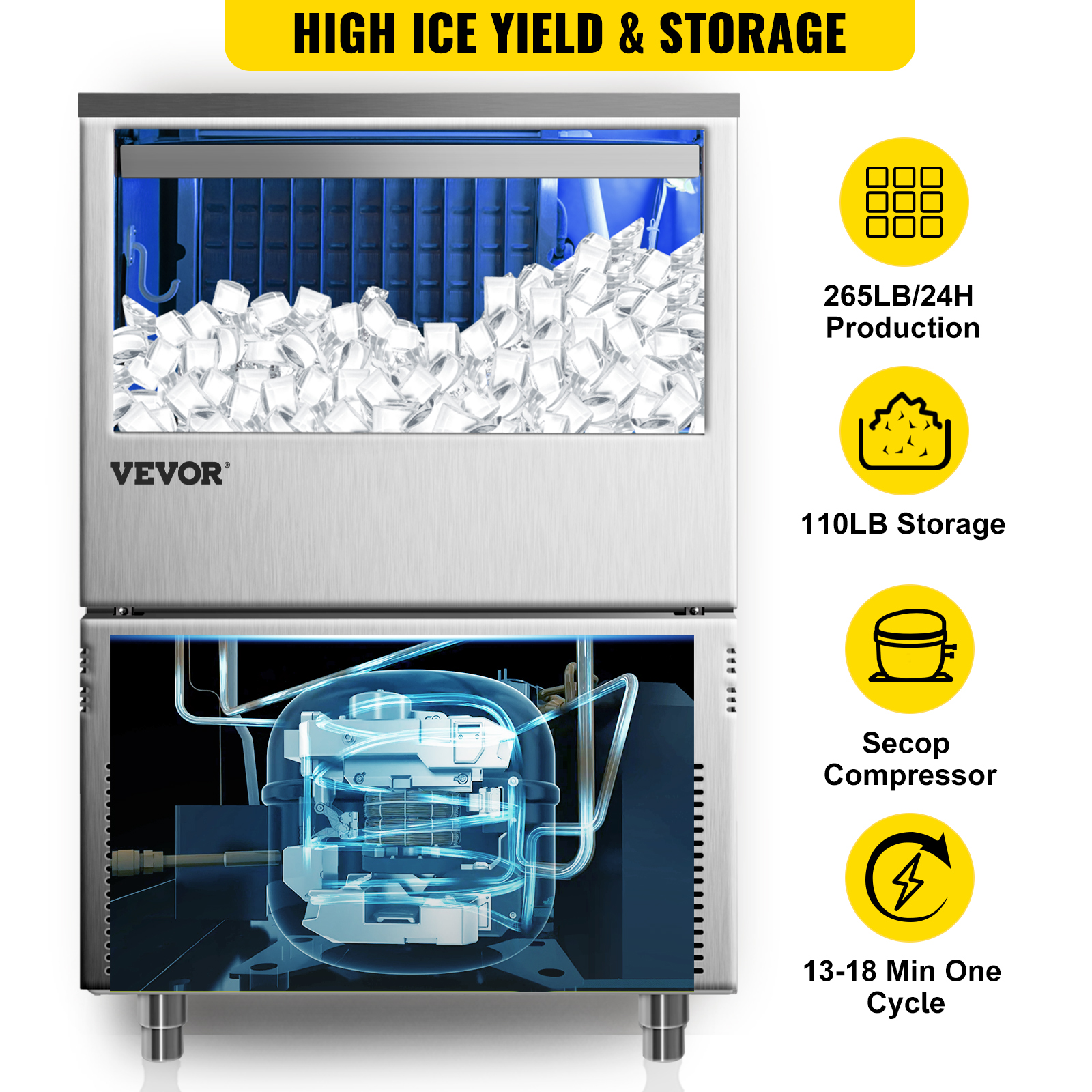 VEVOR 110V Commercial Ice Maker 220LBS/24H with 110LBS Bin, Lunar Shape ...