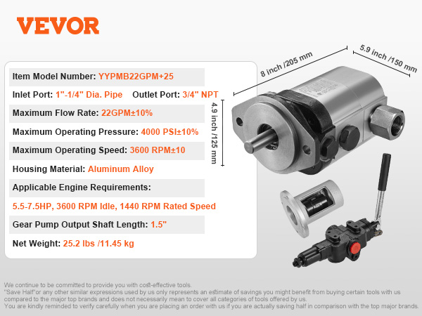 VEVOR Hydraulic Wood Log Splitter Pump Kit, 22GPM, 2 Stage 4000PSI ...