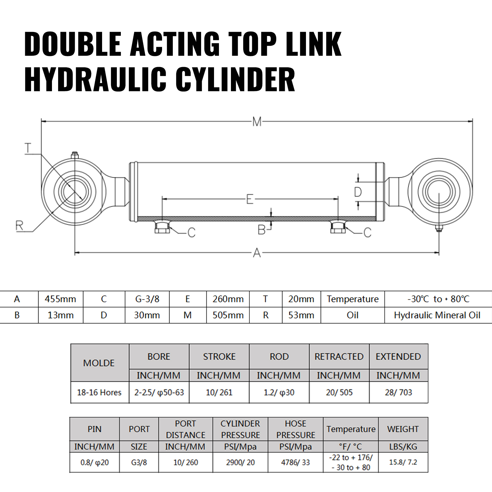 VEVOR Double Acting Hydraulic Top Link Cylinder 2" Bore 10" Stroke with ...