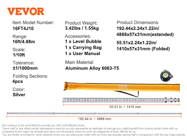 VEVOR Measuring Rod 16-Feet/10ths 4 Sections Telescopic Grade Rod 1 ...