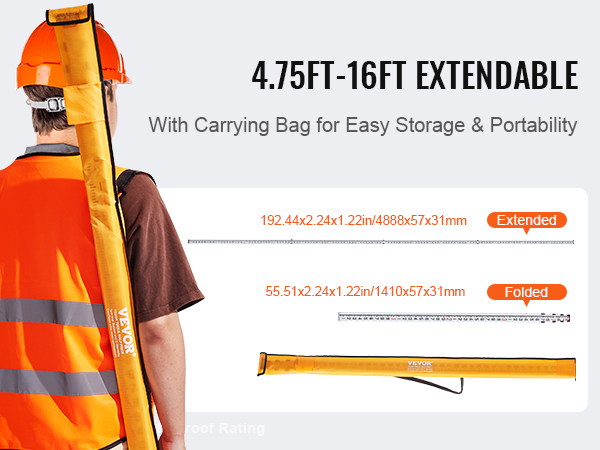 VEVOR Measuring Rod 16-Feet/8ths 4 Sections Telescopic Grade Rod 1/8in ...