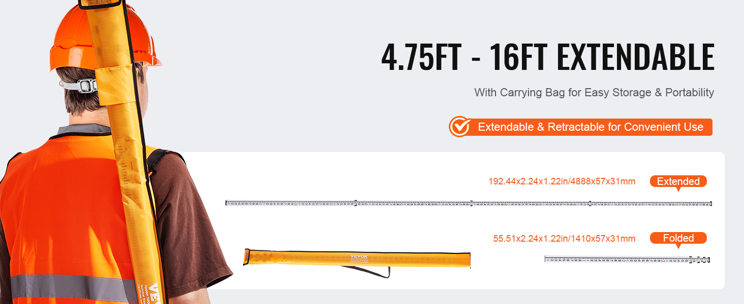 VEVOR Measuring Rod 16-Feet/8ths 4 Sections Telescopic Grade Rod 1/8in ...