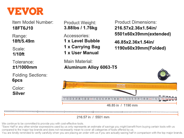 VEVOR Measuring Rod 18-Feet/10ths 6 Sections Telescopic Grade Rod 1 ...