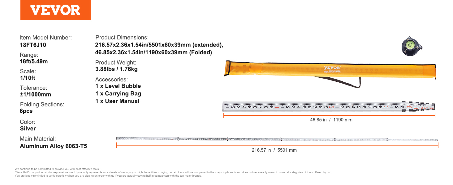 VEVOR Measuring Rod 18-Feet/10ths 6 Sections Telescopic Grade Rod 1 ...