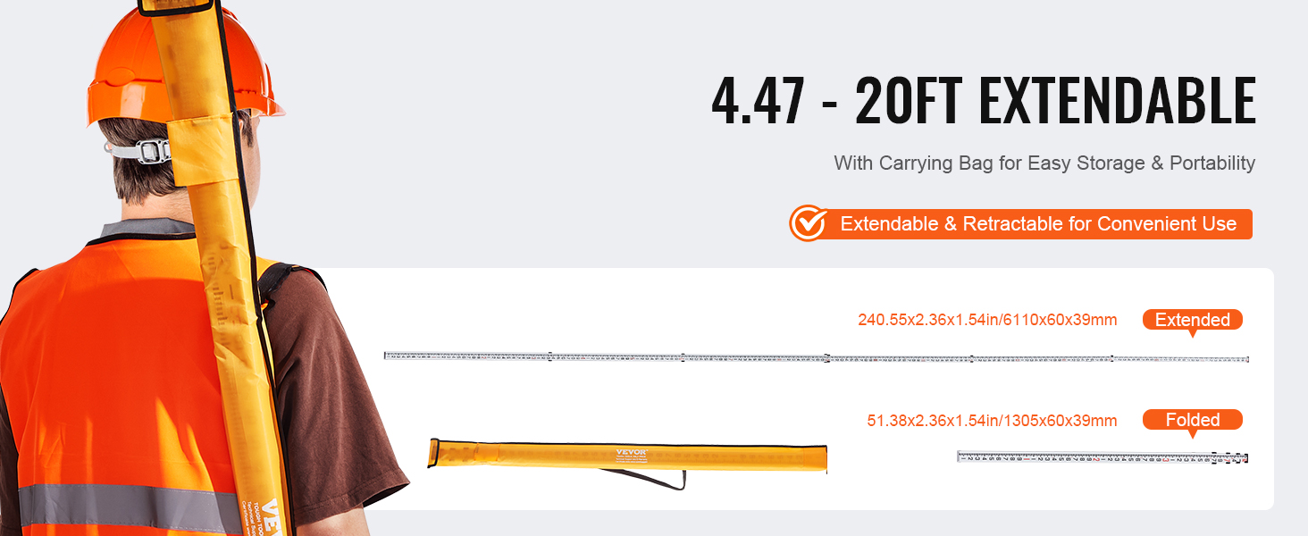 VEVOR Aluminum Grade Rod, 20-Feet/10ths 6 Sections Telescopic Measuring ...