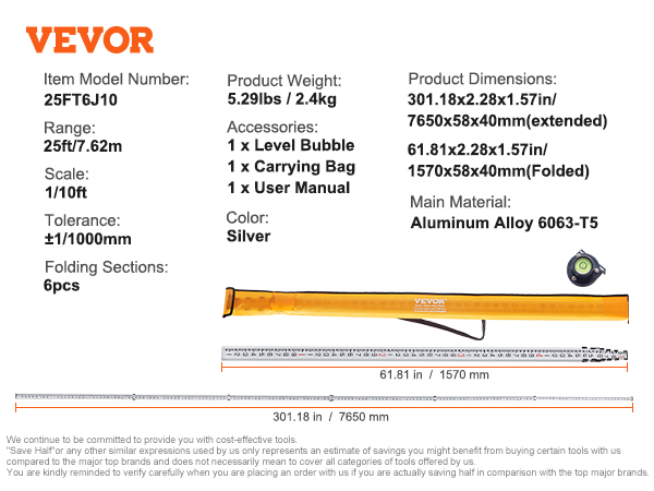 VEVOR Aluminum Grade Rod, 25-Feet/10ths 6 Sections Telescopic Measuring ...